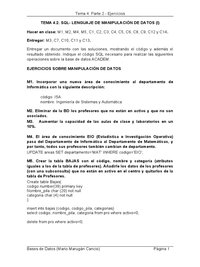 Tema 4. Ejercicios (Parte 2) (1) .Docx Resuelto | PDF | Bases de datos | SQL
