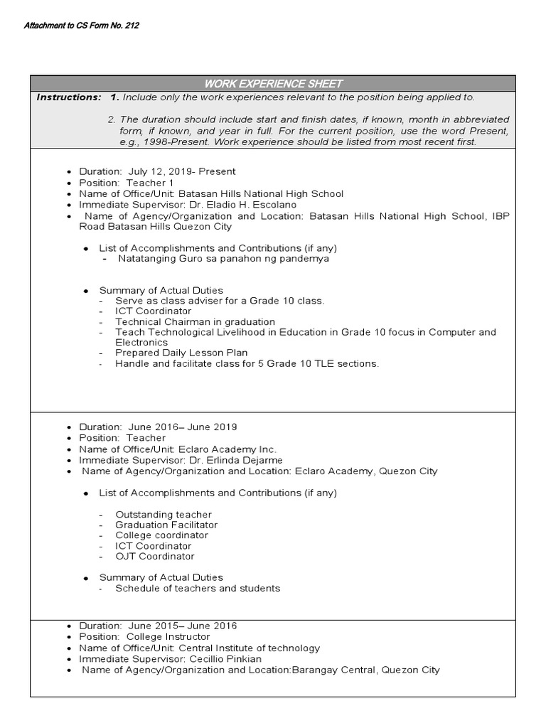 CS Form No 212 Work Experience Sheet ESPEJON - 2022-2023 Antic | PDF ...