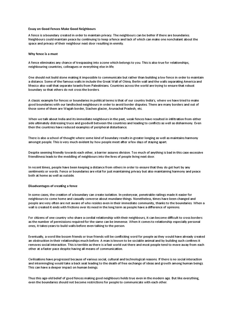 Essay On Good Fences Make Good Neighbours | PDF | Privacy | Fence