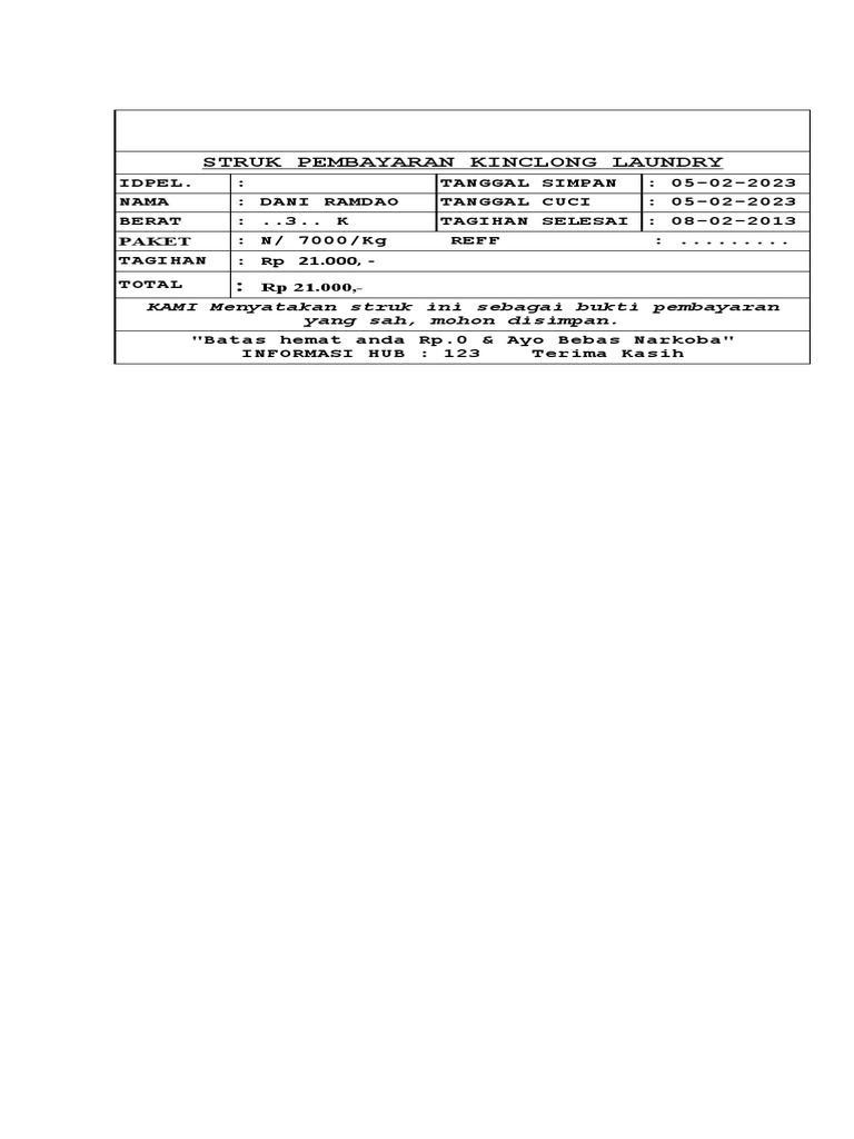 Contoh Struk Pembayaran Laundry | PDF