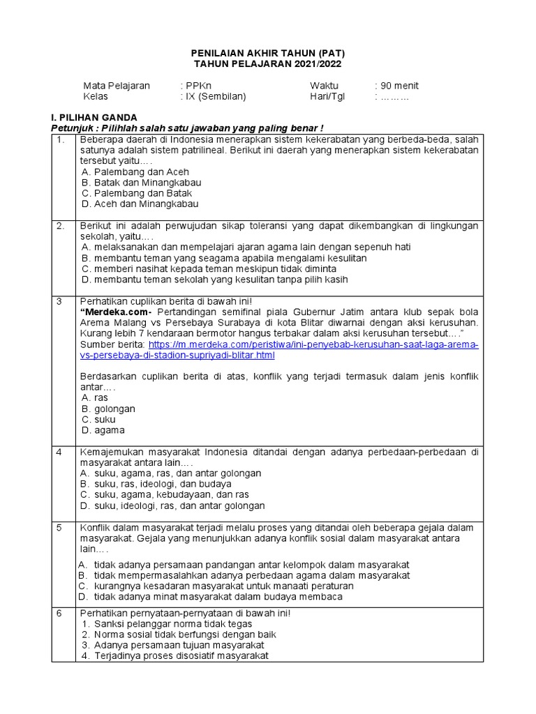 SOAL PAT PPKN KLS 9 - Rev | PDF | Ilmu Sosial | Perjalanan