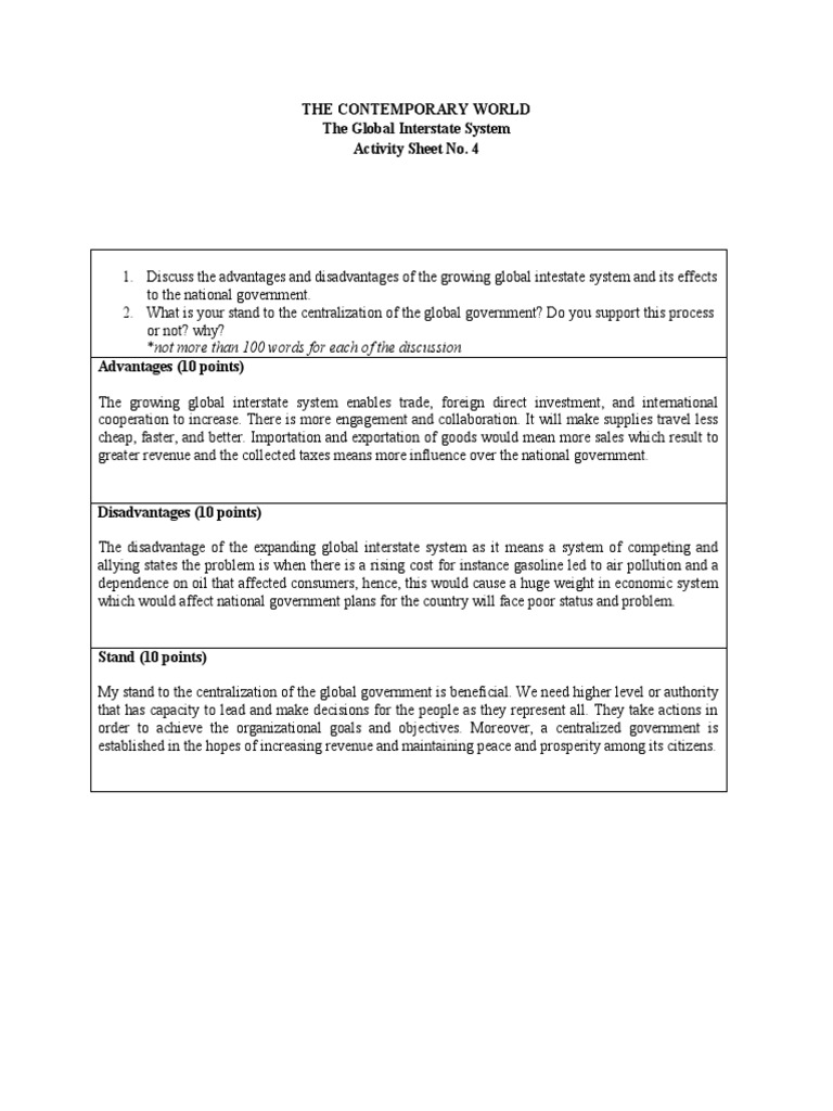 TCW Module 2 Lesson 4 Activity Sheet | PDF | Finance & Money Management | Politics