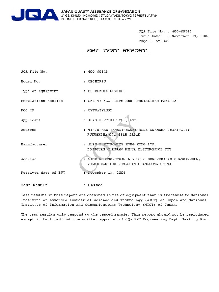 PS3 Remote EMI Test Results (FCC) | PDF | Electronic Engineering ...