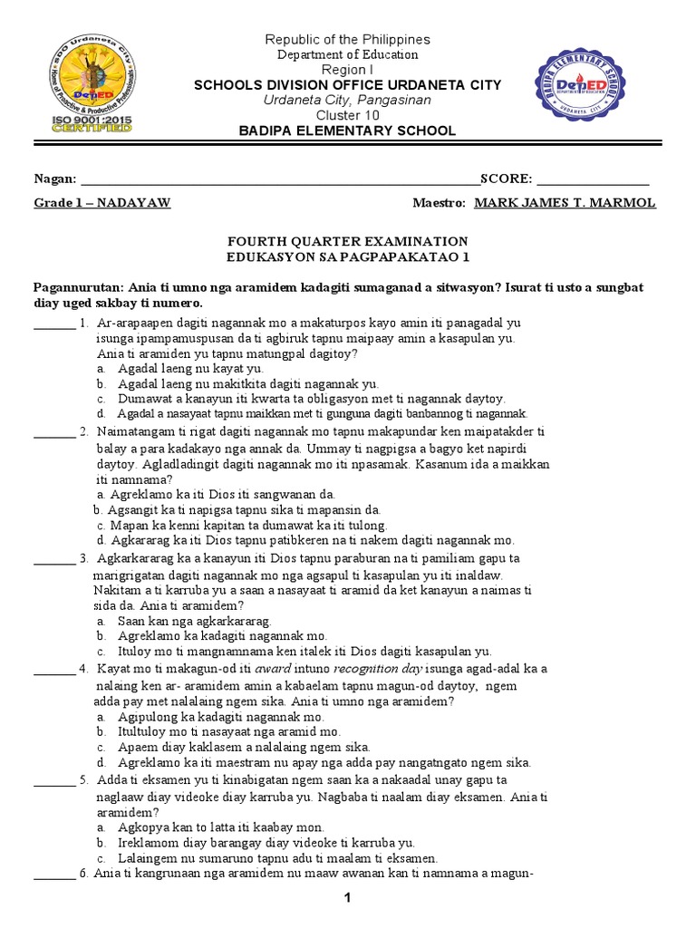 4th Periodic Test in Grade 1 | PDF