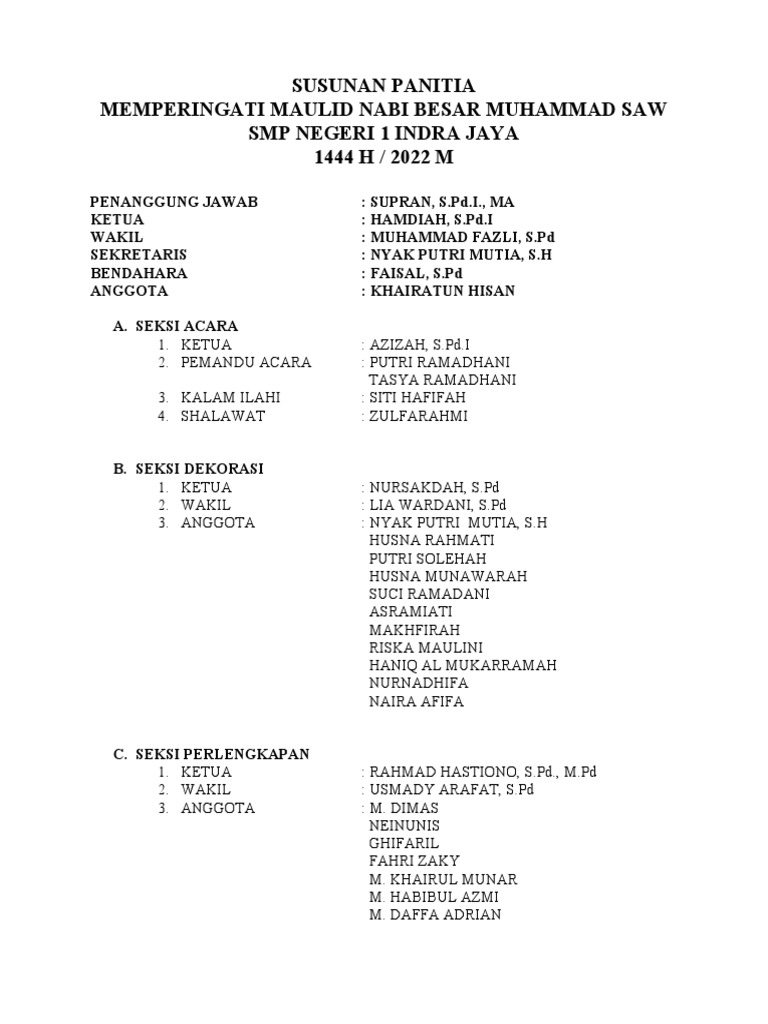 Susunan Panitia Maulid | PDF