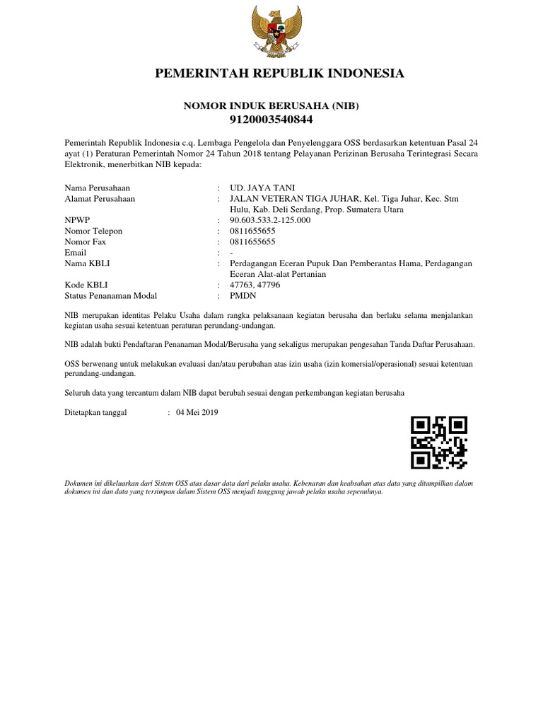 Contoh Nomor Induk Berusaha Nib | PDF