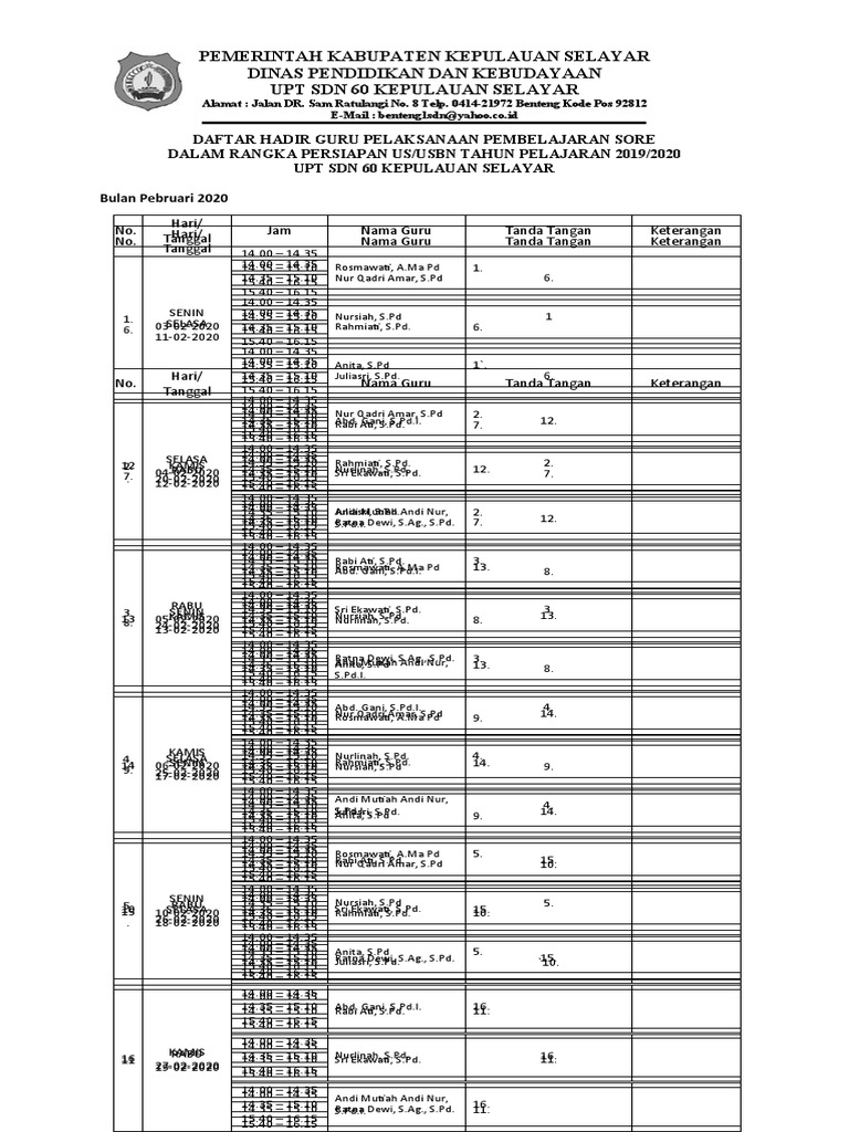 Daftar Hadir Les Sore 2020 | PDF
