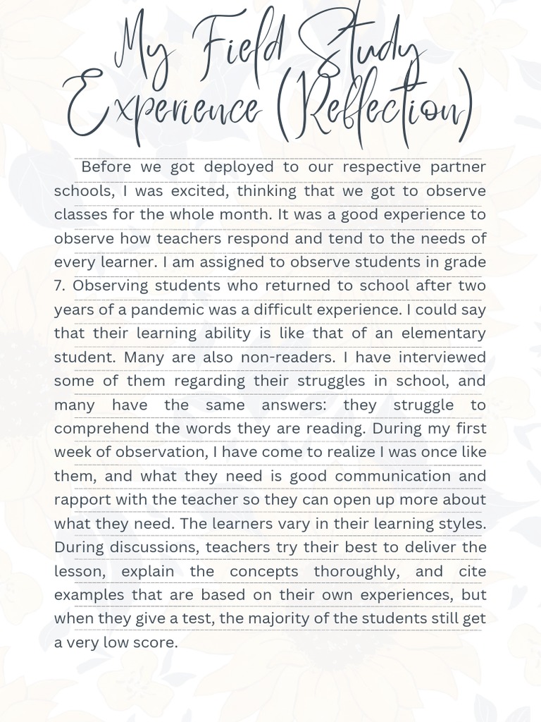 My Field Study Experience (Reflection) | PDF | Learning | Experience