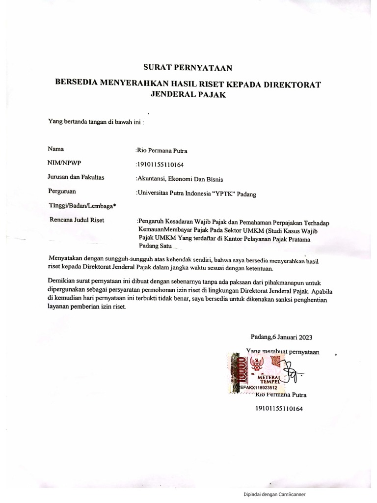 Surat Pernyataan Ketersediaan Menyerahkan Hasil Riset | PDF