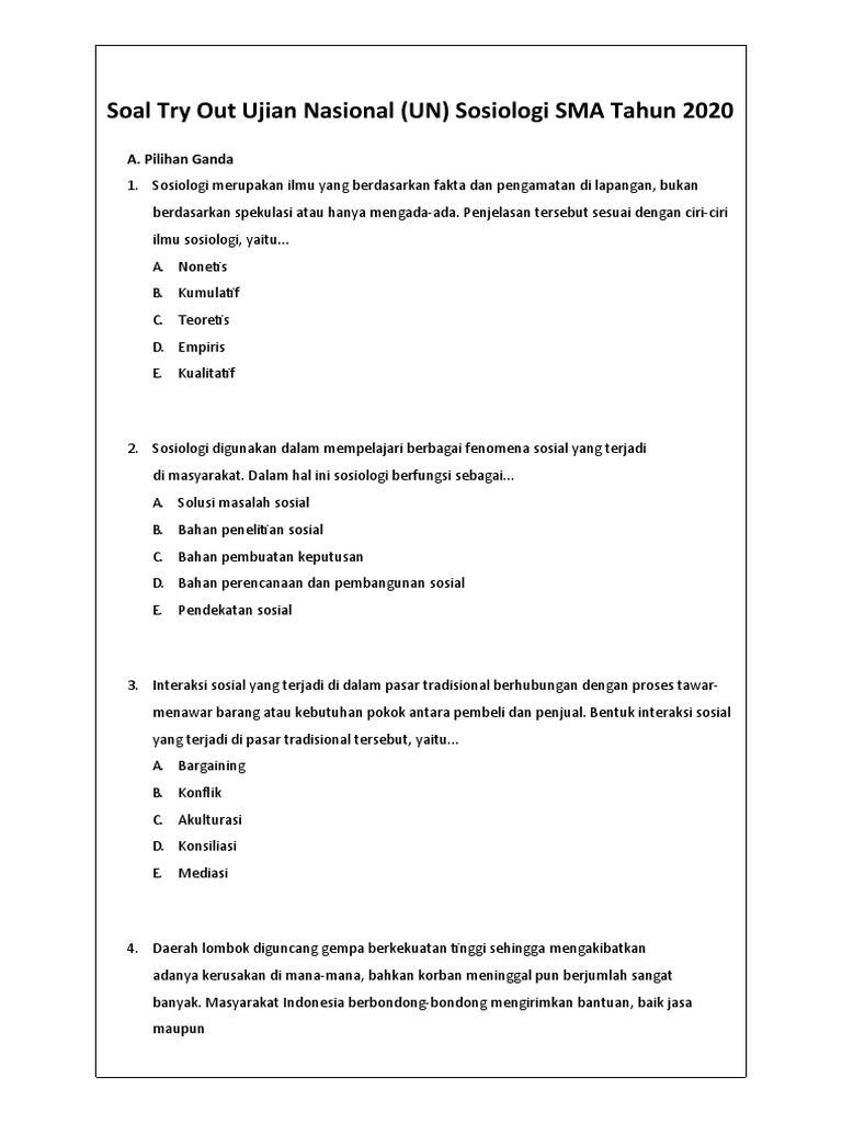 Soal Try Out Ujian Nasional (UN) Sosiologi SMA Tahun 2020 | PDF
