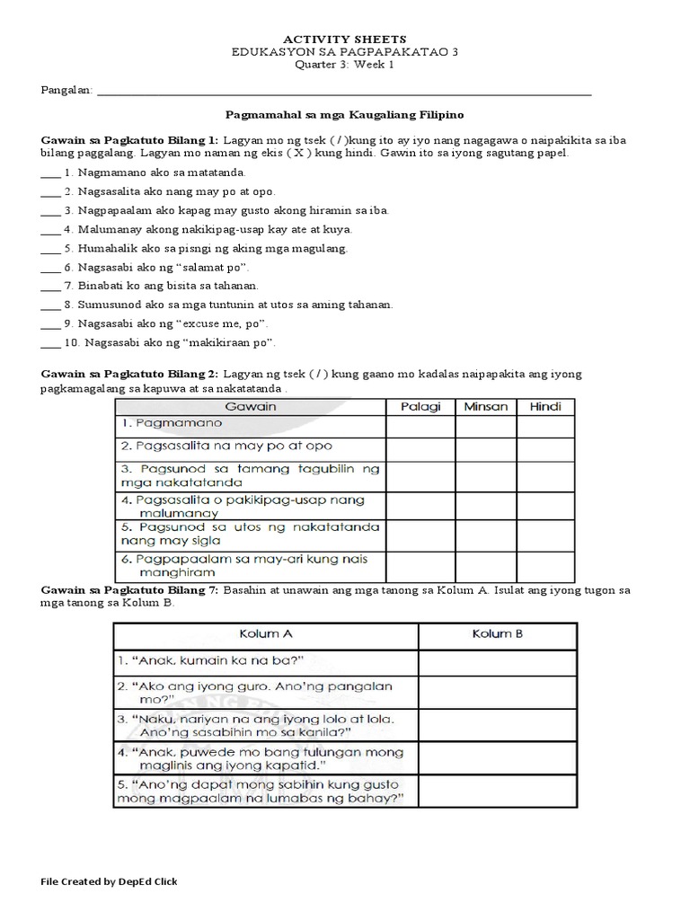 ESP 3 Activity Sheet Q3 W1 | PDF