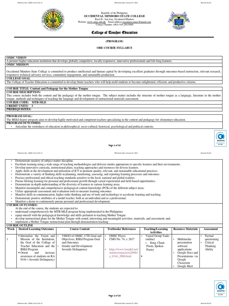 ContPed BEEd OMSC Form COL 13 OBE Syllabus Rev.02 | PDF | Teaching ...