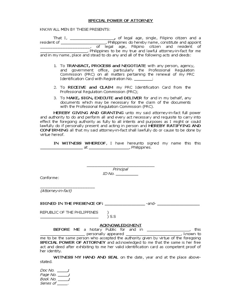 Special Power of Attorney - PRC Renewal | PDF | Power Of Attorney ...