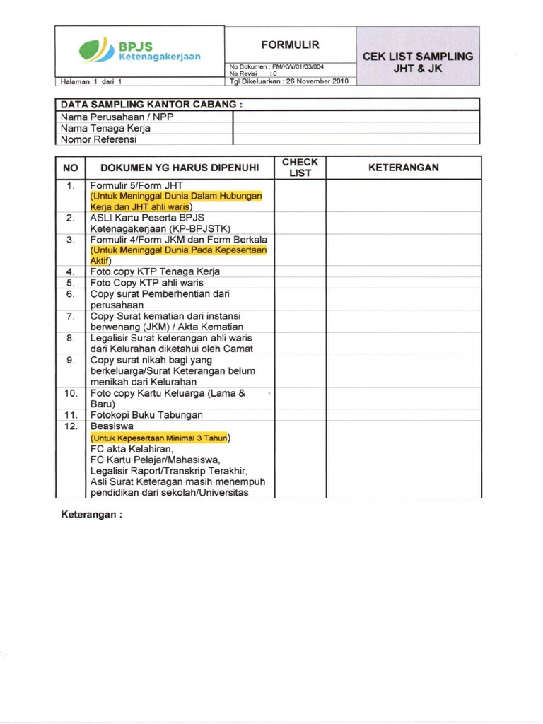 Checklist Klaim JHT BPJS TK | PDF