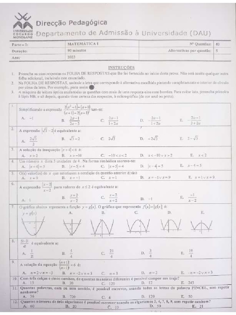 Exame de Matemática-1 UEM 2023 | PDF