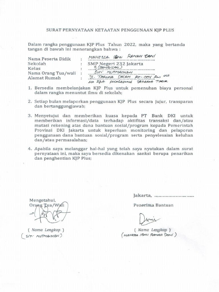 Contoh Surat Ketaatan KJP - 2021 | PDF