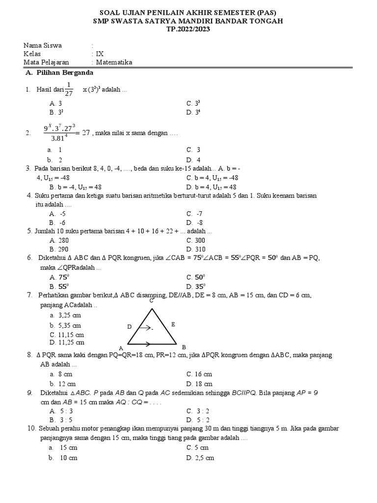 SOAL Mat - Kls 9 - K13.docx1 | PDF