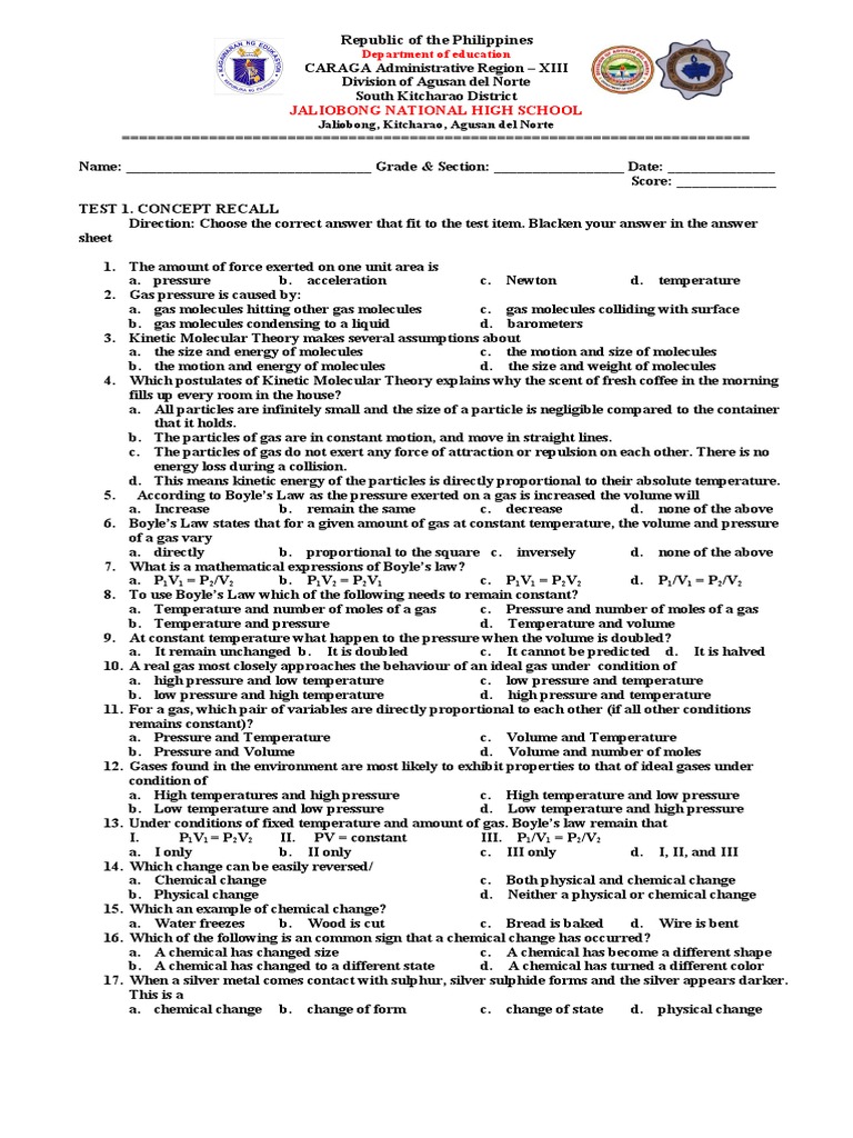 Grade 10first TQ | PDF | Gases | Temperature