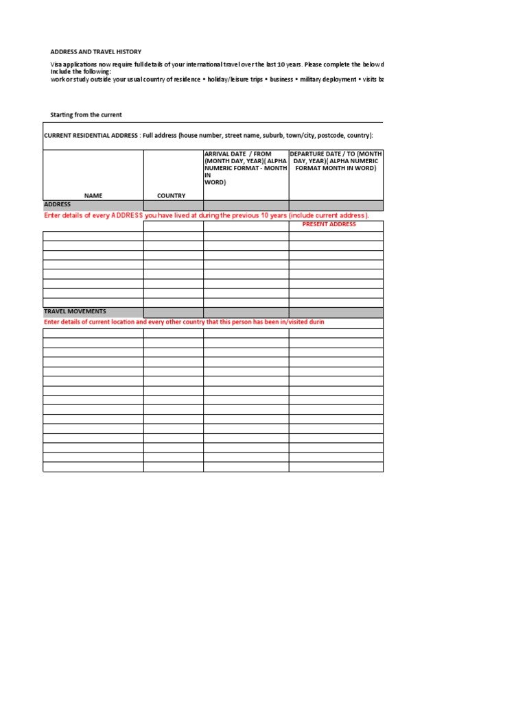 Form 10year Travel History New | PDF