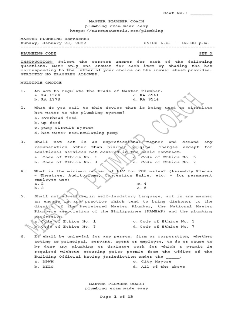 Master Plumber Exam Preparation Guide | PDF | Plumbing | Sanitary Sewer