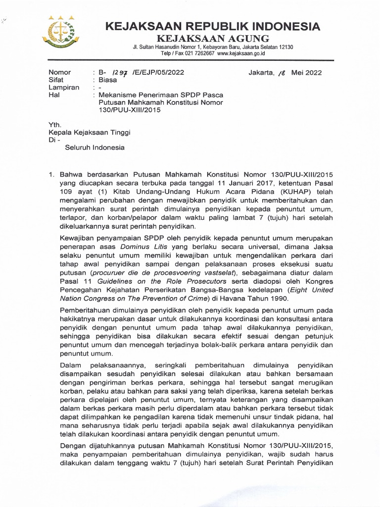 Jaksa. Mekanisme Penerimaan SPDP Pidana | PDF