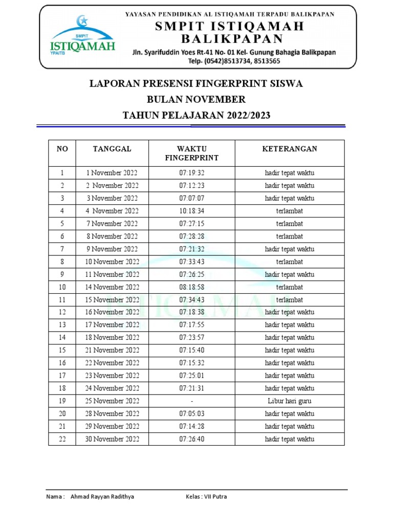 Laporan Presensi Fingerprint Siswa 7 Pa | PDF