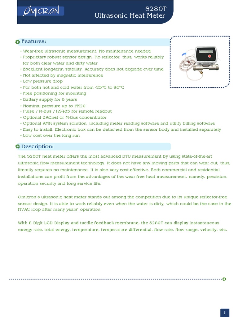 Omicron S280T Ultrasonic Heat Meter | PDF | Flow Measurement | Ultrasound