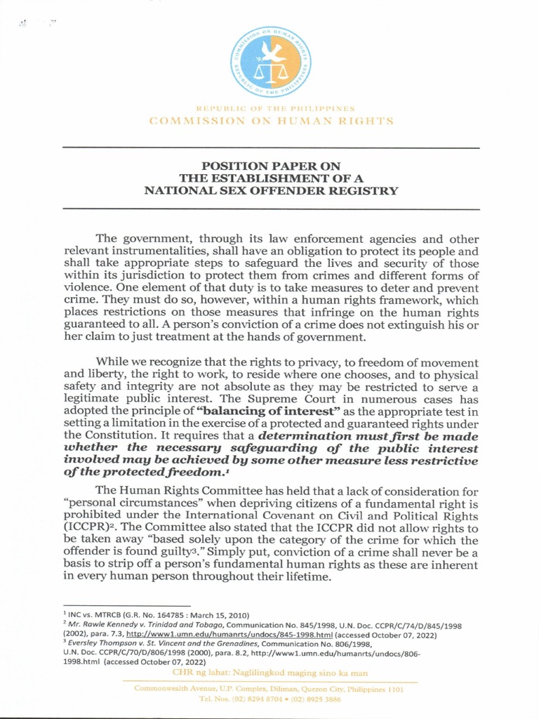 Position Paper On The Establishment of A National Sex Offender Registry ...