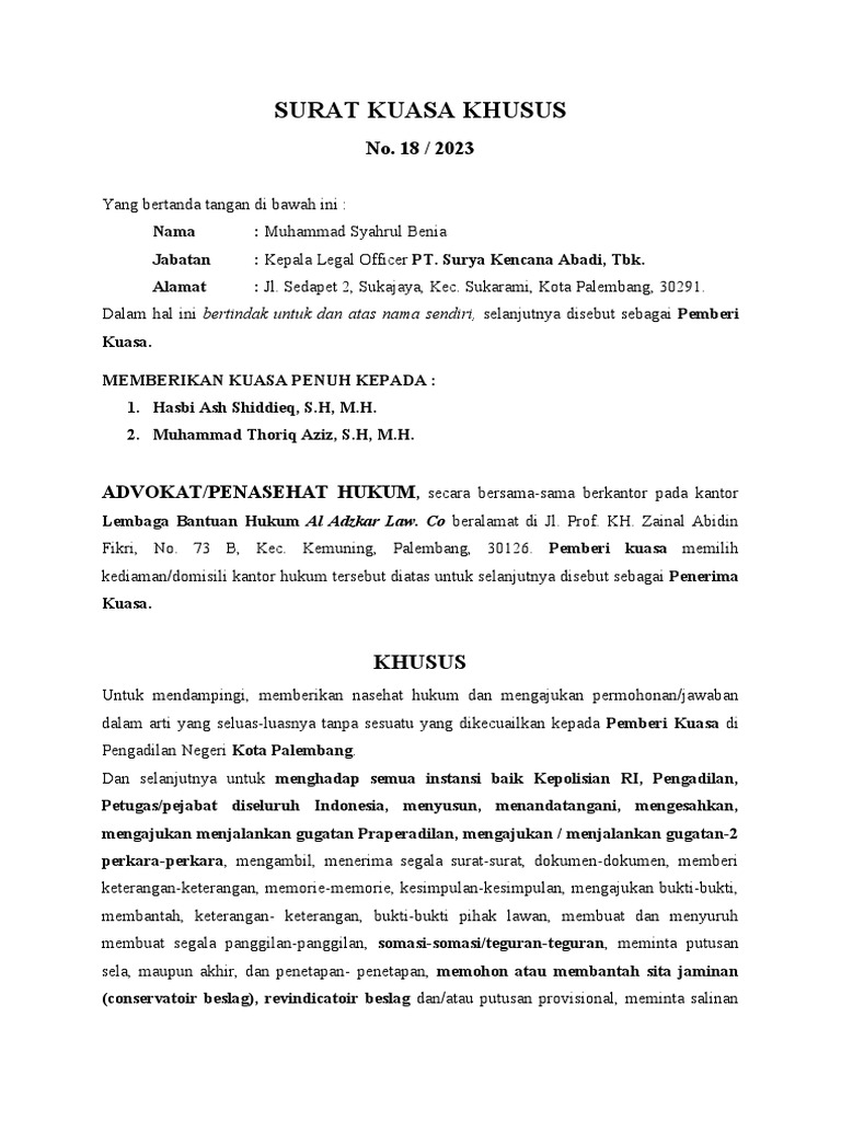 Contoh Surat Kuasa Khusus | PDF