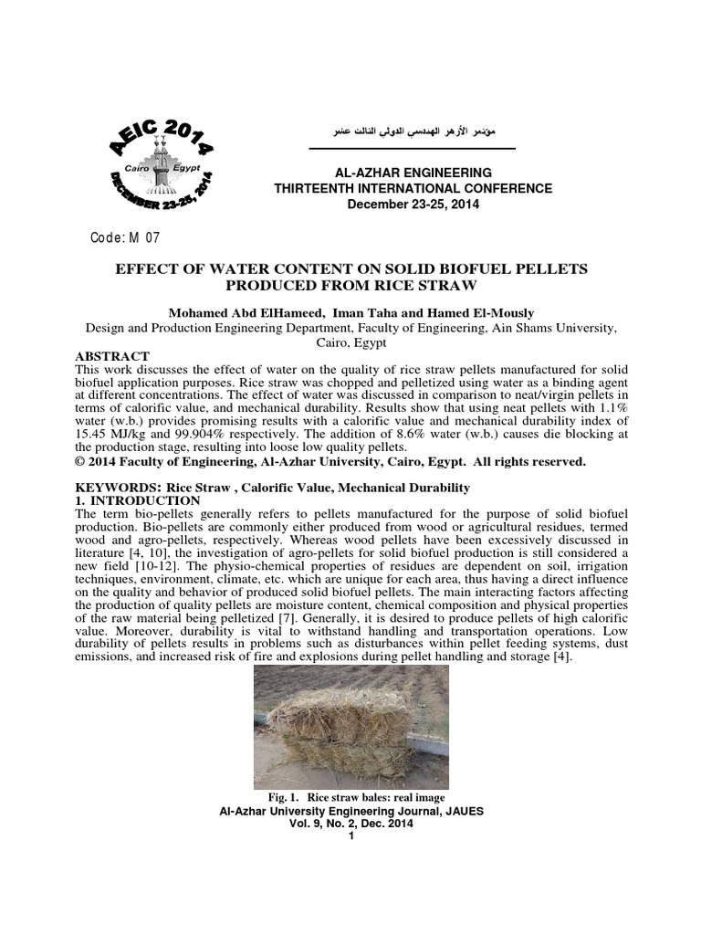 Effect of Water Content On Solid Biofuel Pellets Produced From Rice ...