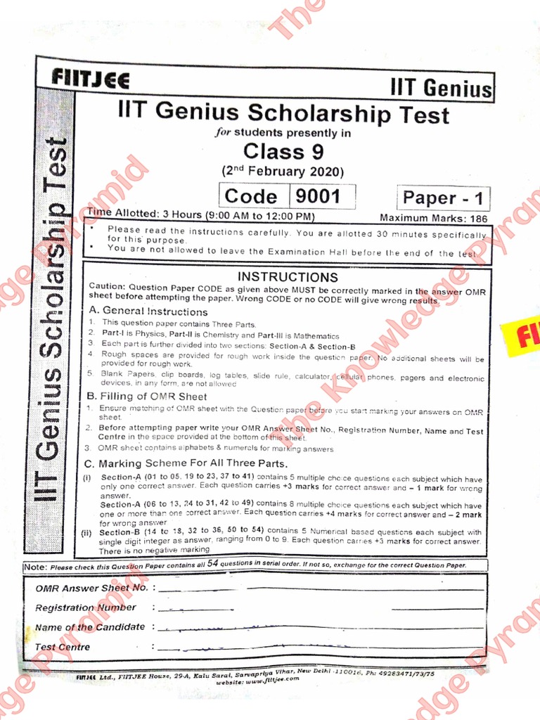 IIT Genius 9th Paper-1 (FIITJEE) | PDF