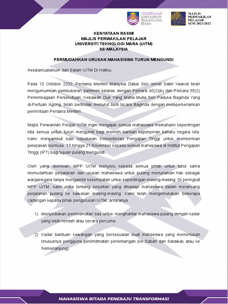 KENYATAAN RASMI MPP UiTM - PERMUDAHKAN URUSAN MAHASISWA TURUN MENGUNDI ...