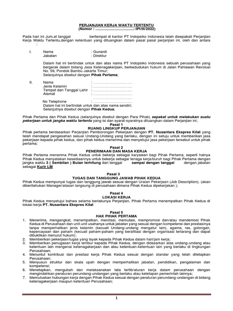 Draft PKWT LM Dedicated Part | PDF