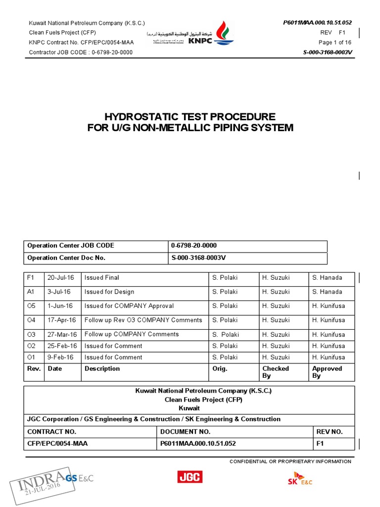 Hydrostatic Testing Procedure for GRE Piping | PDF | Pipe (Fluid ...