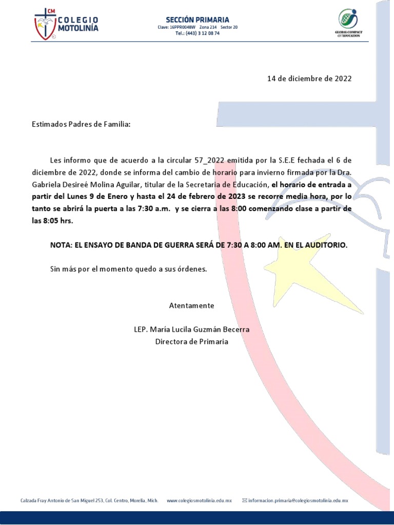 Circular Cambio de Horario | PDF Circular Cambio de Horario | PDF