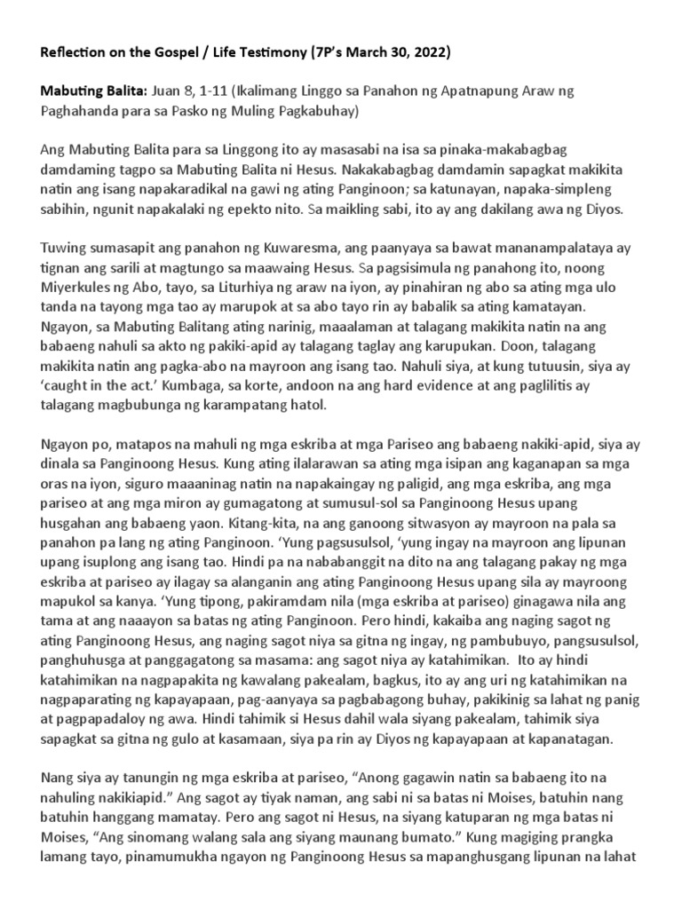 EDITED Reflection On The Gospel Life Testimony (7Ps March 30 2022) | PDF