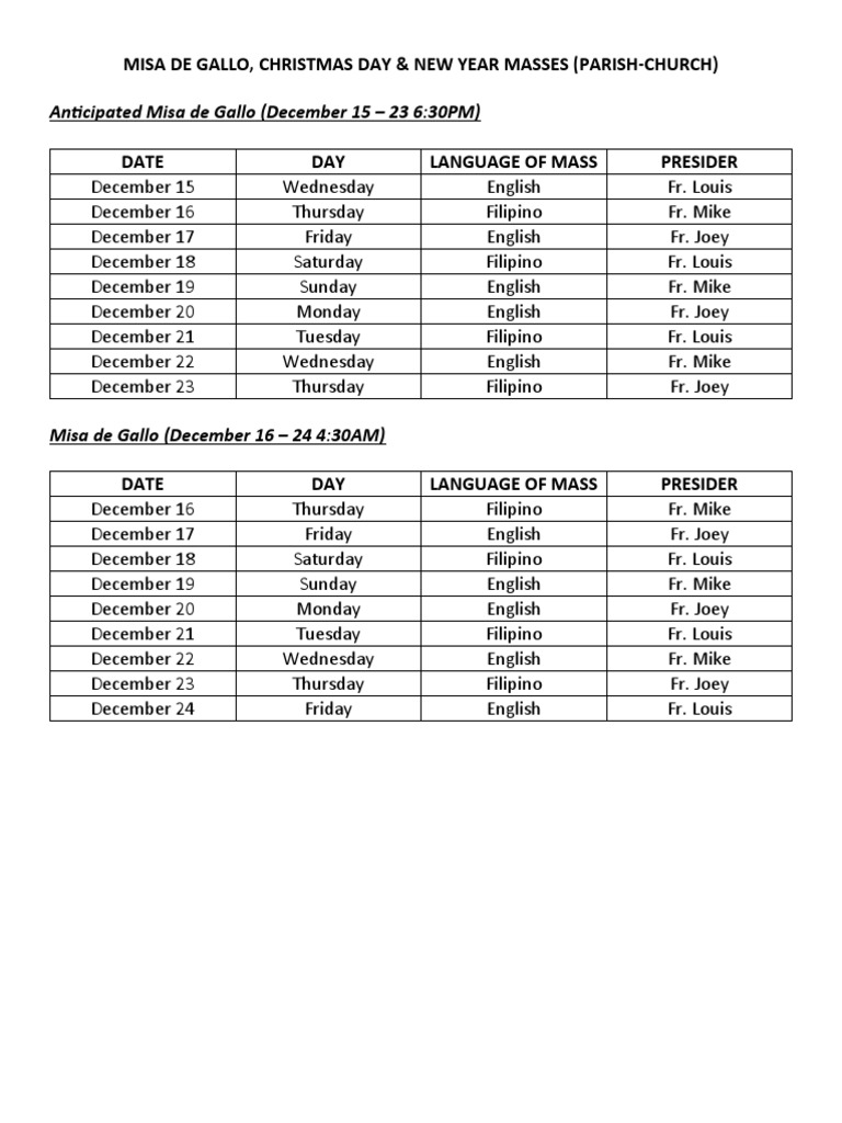 MISA DE GALLO, CHRISTMAS DAY & NEW YEAR MASSES (PARISH-CHURCH) Matrix ...