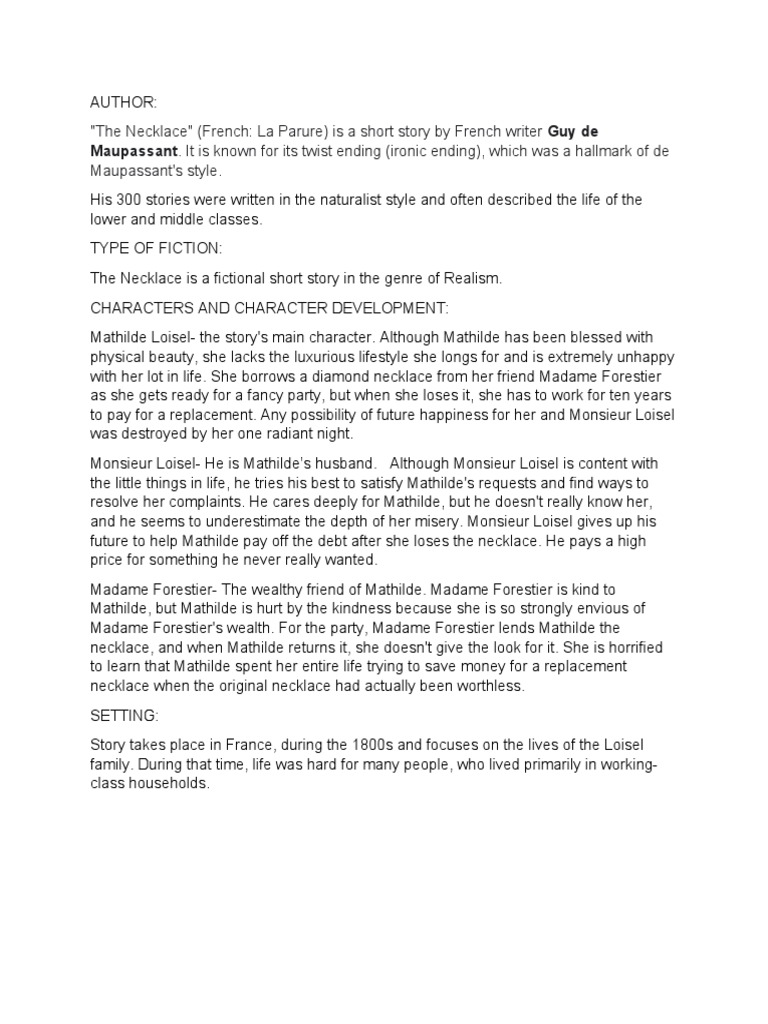 Story Analysis "The Necklace" | PDF