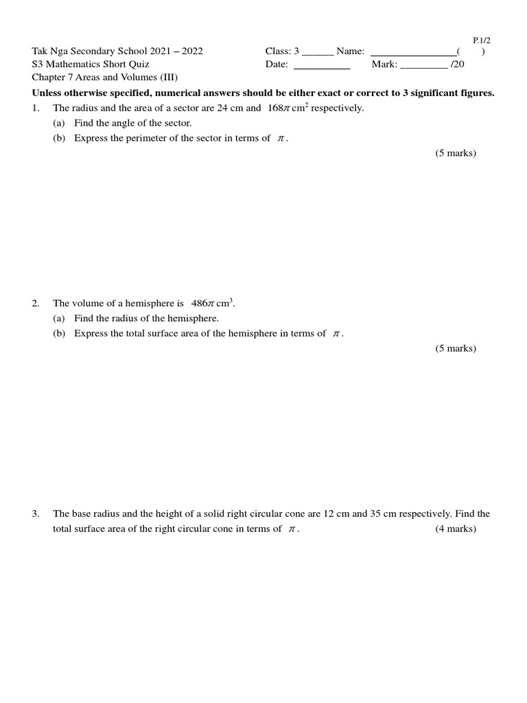2122 F3 Short Quiz Ch7 (With Sol) | PDF | Volume | Sphere