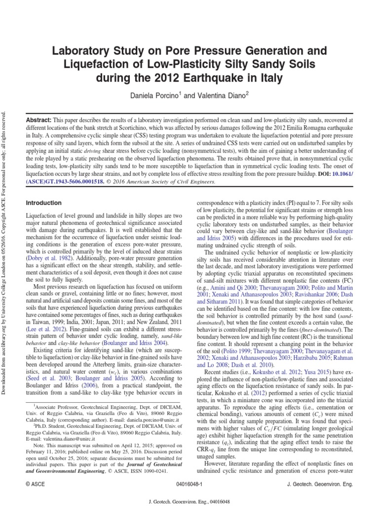Laboratory Study On Pore Pressure Generation and Liquefaction of Low-Plasticity Silty Sandy ...