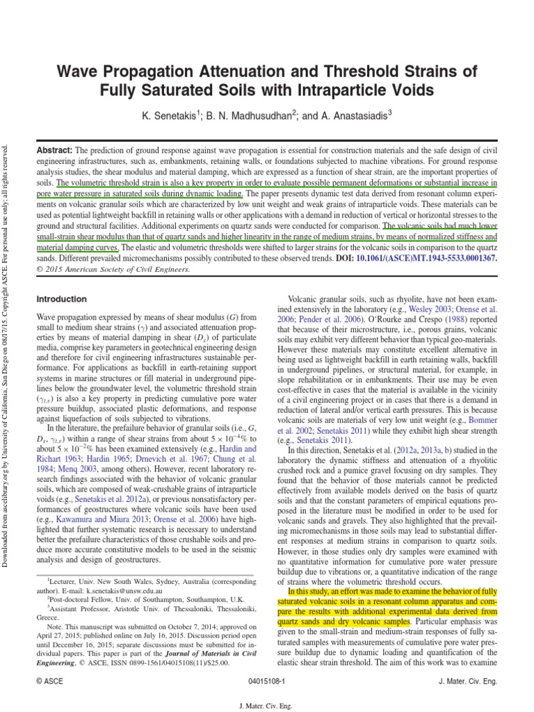 Wave Propagation Attenuation and Threshold Strains of Fully Saturated Soils With Intraparticle ...