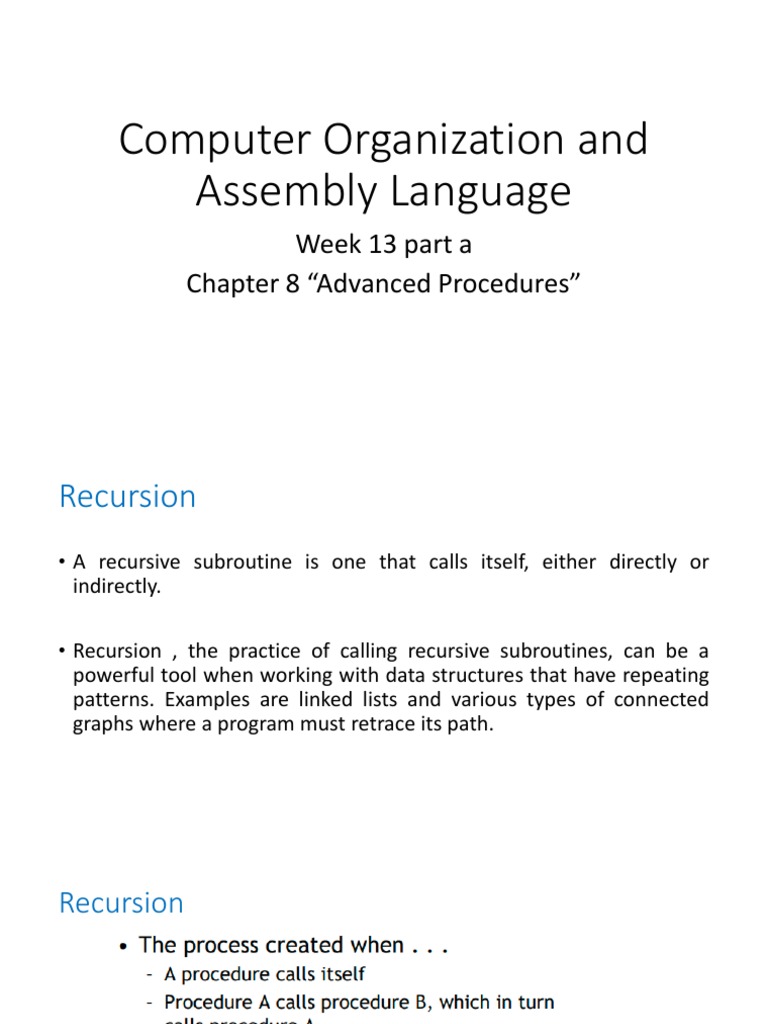 COAL Lectures Week 13 Pat A | PDF | Subroutine | Assembly Language