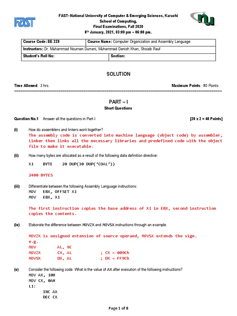 COAL Final - Fall20 (Solution) | PDF | Assembly Language | Subroutine