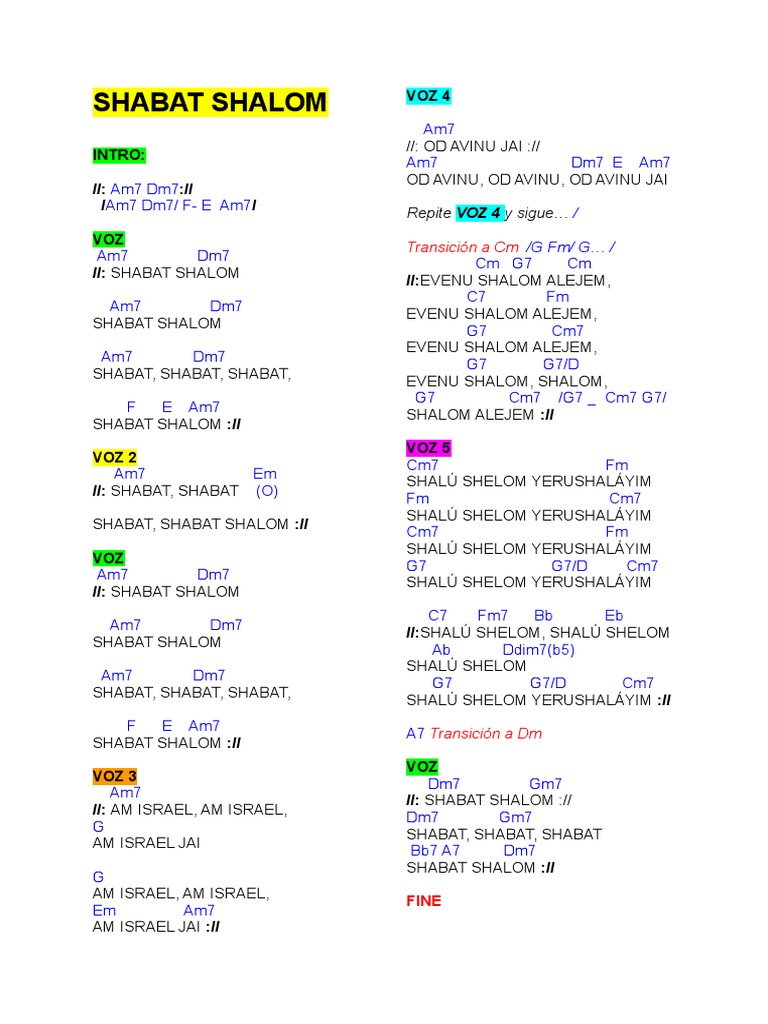 Canción Shabat Shalom: Letra y Acordes | PDF