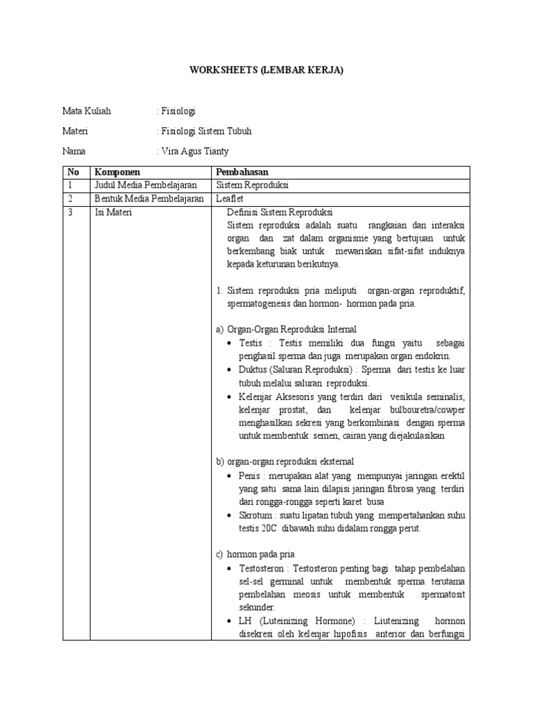 Tugas WORKSHEETS Sistem Tubuh VIRA AGUS TIANTY 22101230 | PDF | Sains & Matematika