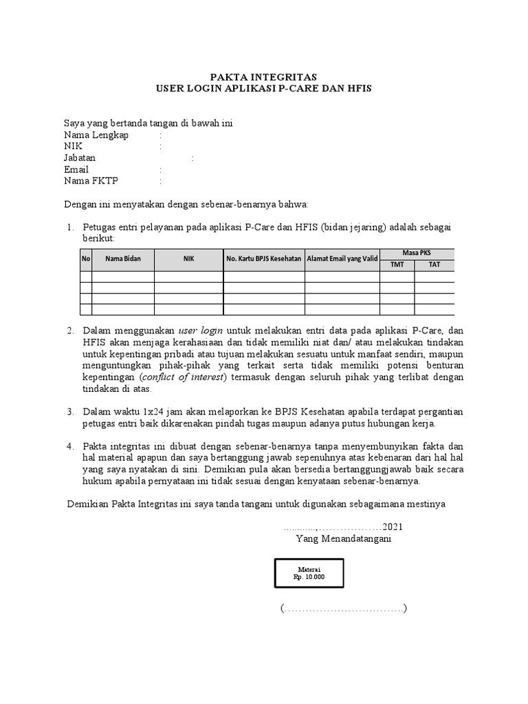 Pakta Integritas User Pcare Dan Hfis (Bidan Jejaring) | PDF