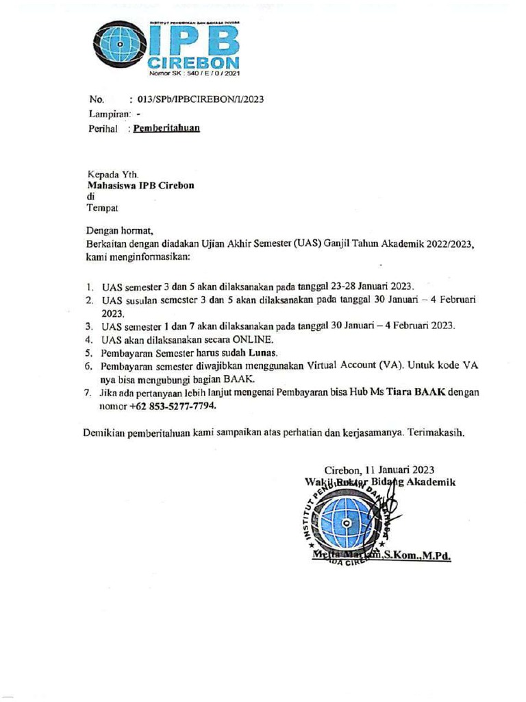 Surat Pemberitahuan UAS Mahasiswa | PDF