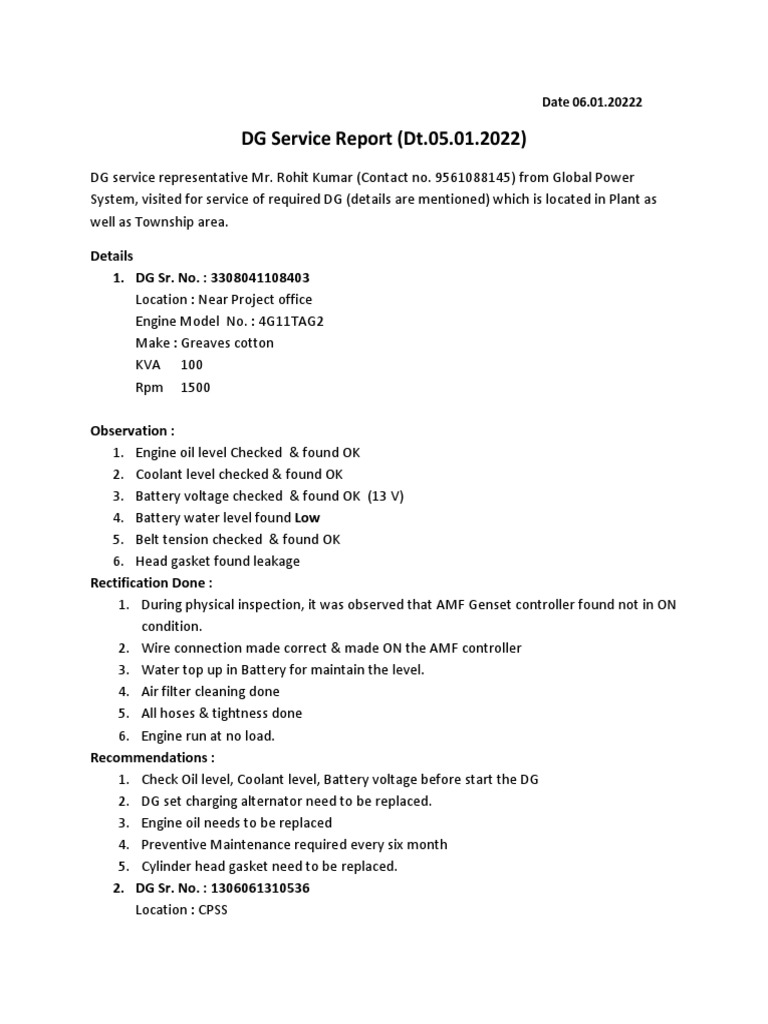 DG SERVICE REPORT Dt. 05.01.2023 | PDF | Rectifier | Engine Technology