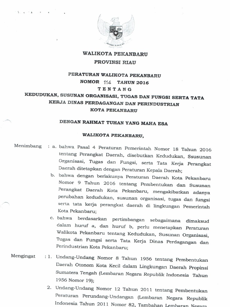 Perwako Tupoksi DPP Kota Pekanbaru No 114 Tahun 2016 | PDF