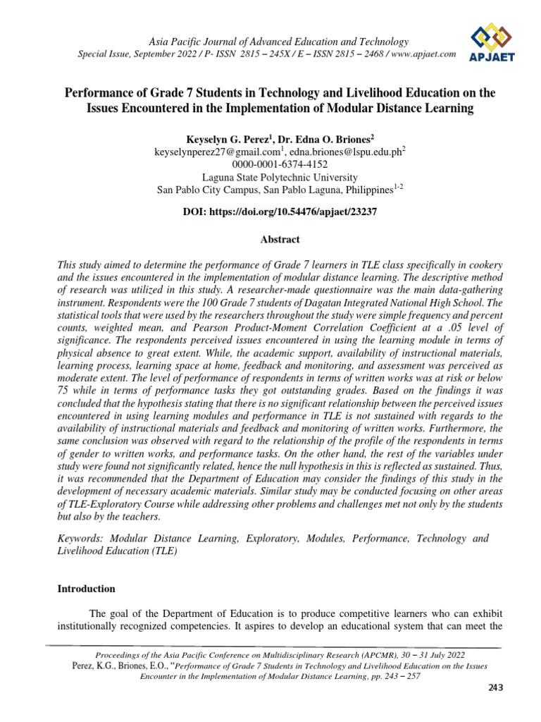 Performance of Grade 7 Students in Technology and Livelihood Education ...